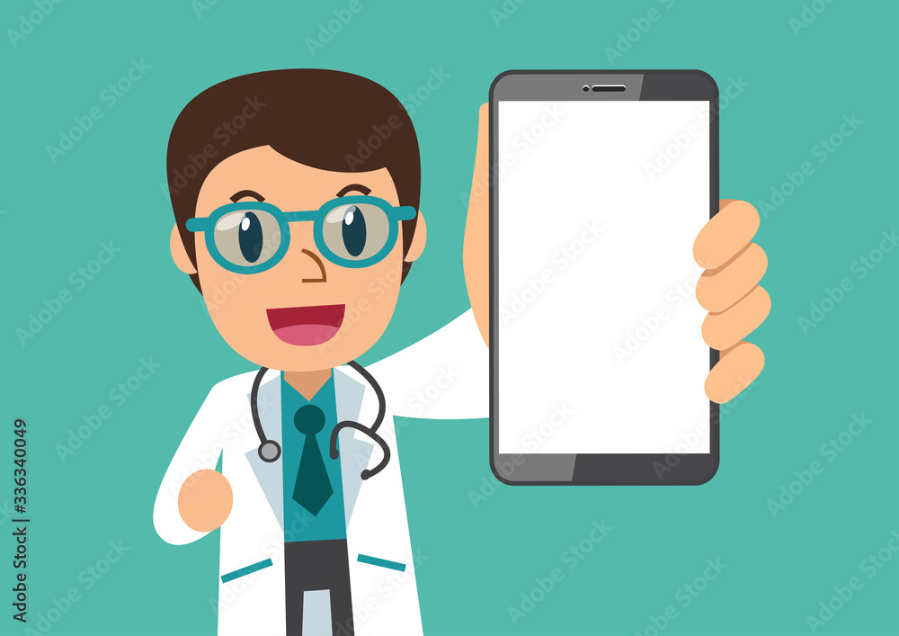 Cartoon character male doctor with blank screen smartphone for design ...