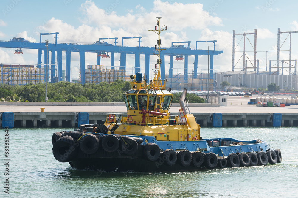 Tug boats awaiting big cargo ship in harbour for tug assistance ...