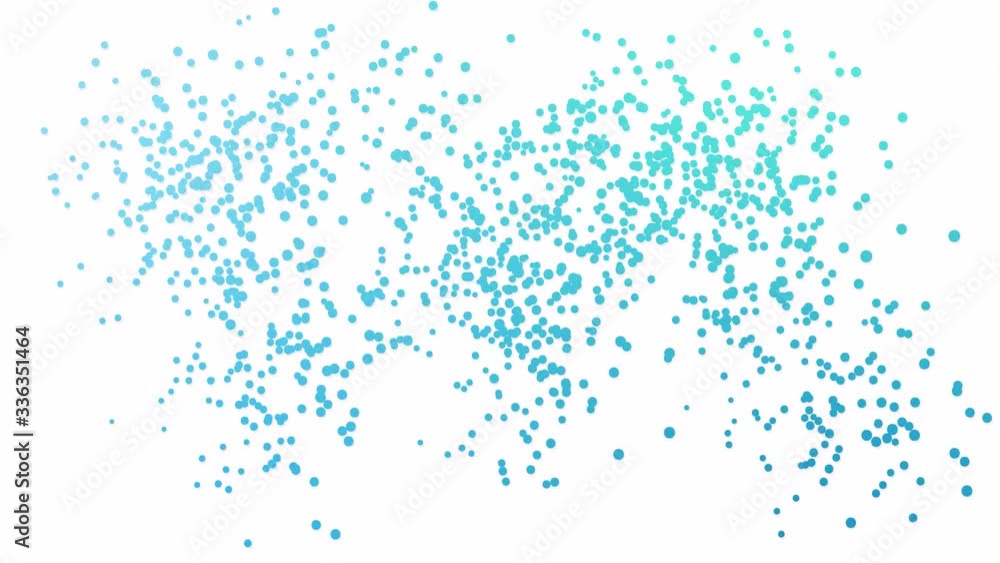 small blue round particles grouped into abstract world map motion ...