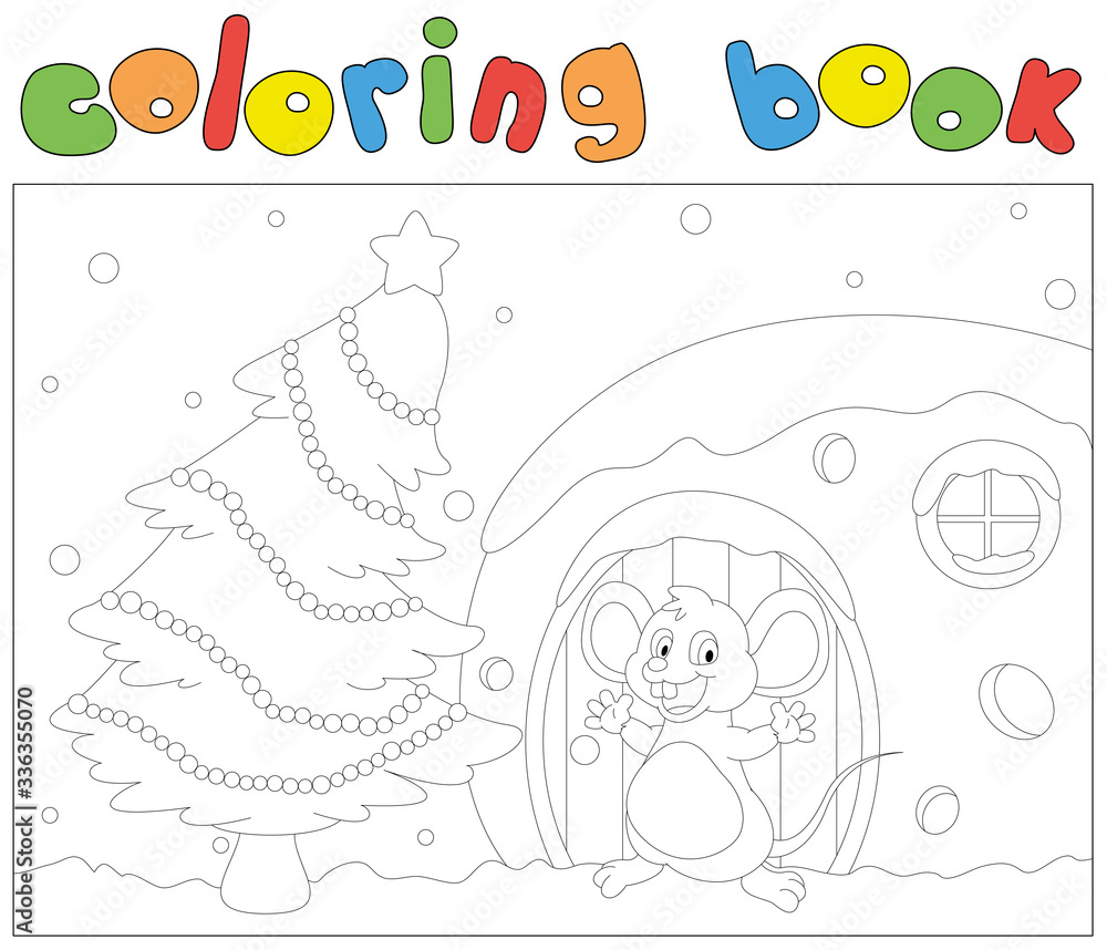 Cartoon rat or mouse near its cheese house and Christmas tree. Coloring ...