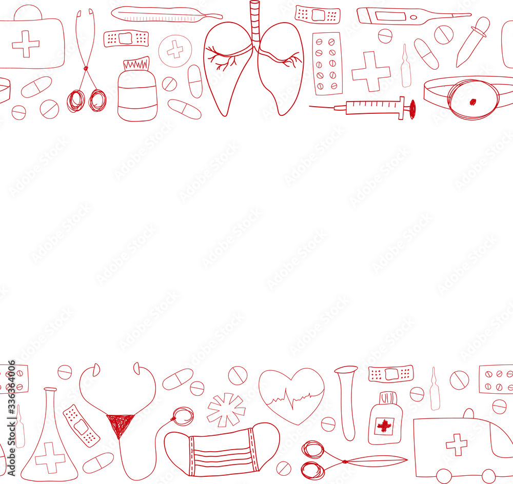 Seamless ribbon border frame with various medical icons in doodle style ...