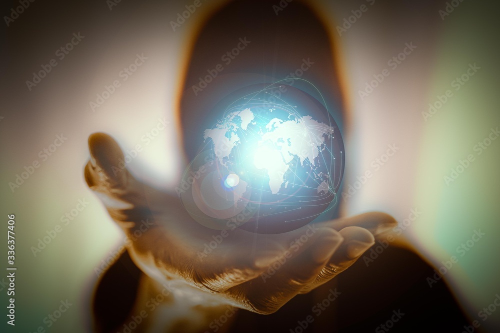 hands holding World over the Network connection of World map. Stock ...