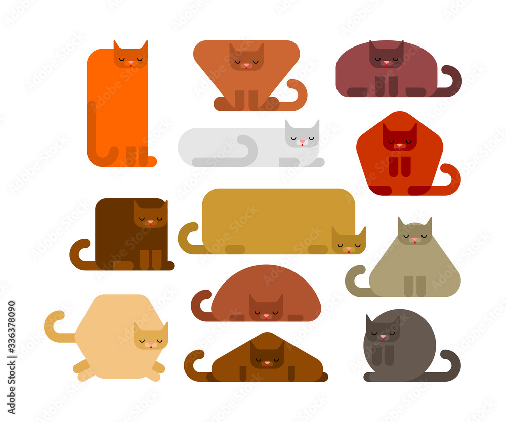 Geometric cat set. Square and round cats. Triangular and hexagonal pet ...