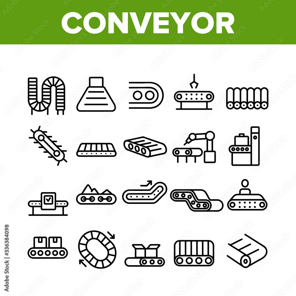 Conveyor Factory Tool Collection Icons Set Vector. Conveyor Plant ...