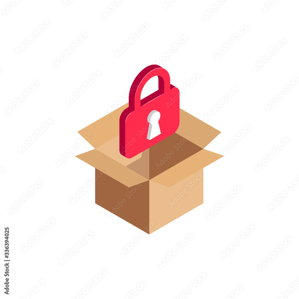 Isometric lock icon in open cardboard box isolated on white background ...