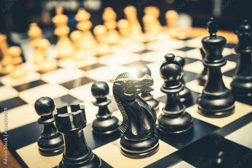 Background of chess game set with King, queen, pawn, knight, house ...