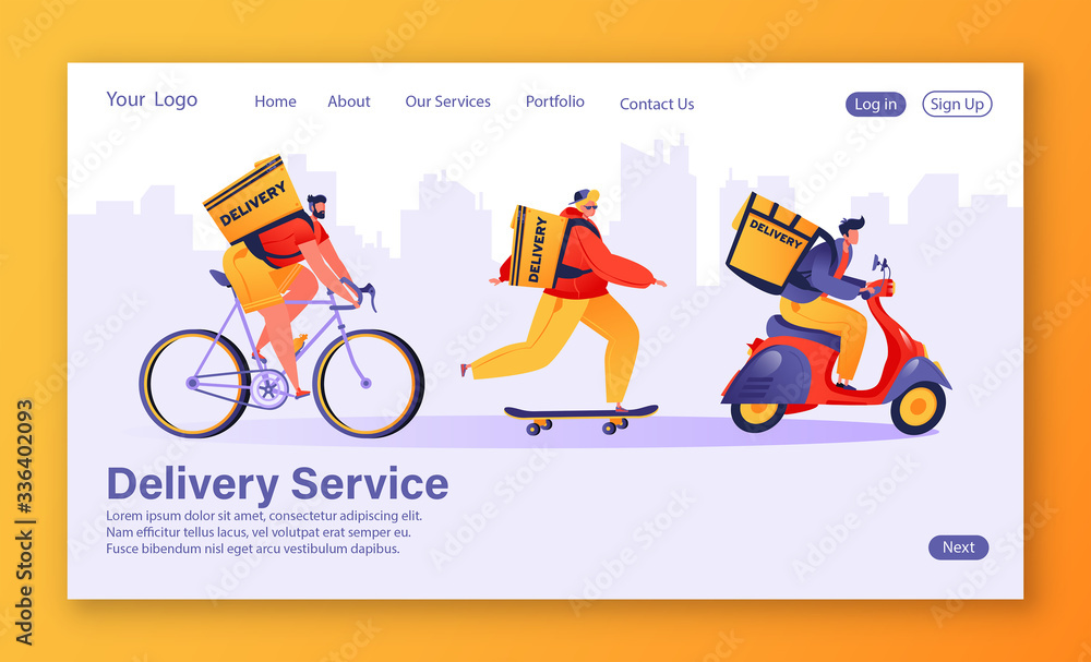 Concept of landing page on delivery service theme. Young people work as ...