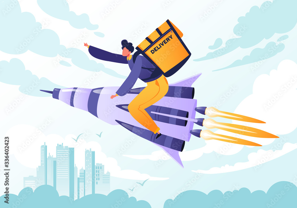Concept of fastest delivery. Fast as a rocket. Young man, courier, in ...