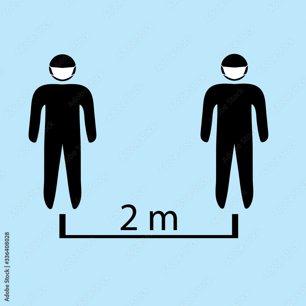 Social distancing pictogram. Two human figures in masks standing ...