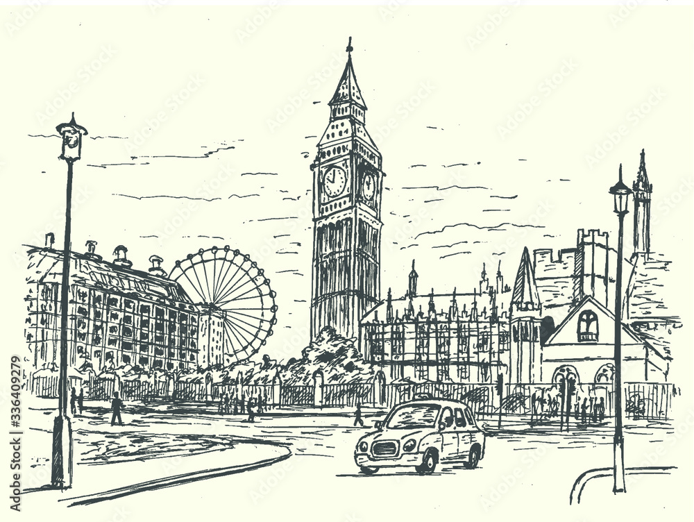 London city scene hand drawn style. Isolated, vector illustration ...