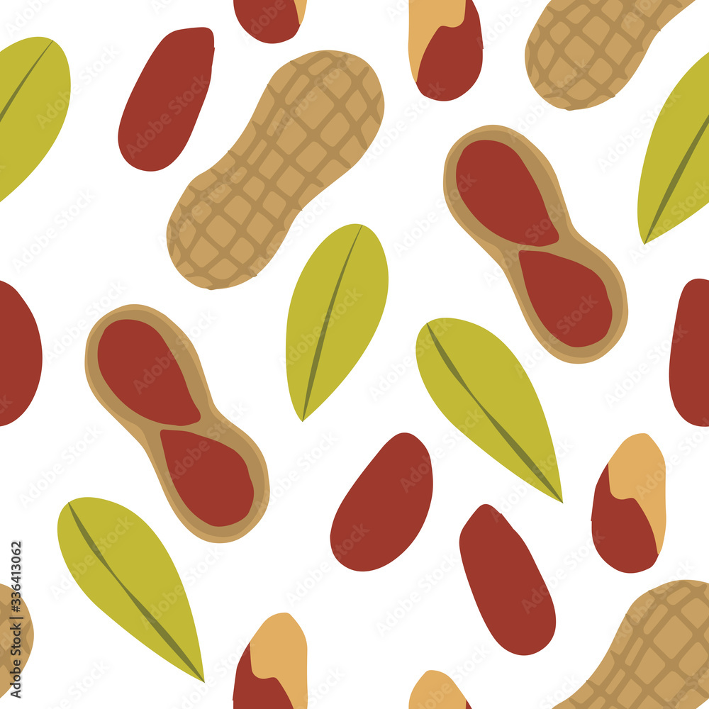 Peanuts seamless pattern with hand drawn peanuts on white background. Funny cartoon style. Nut ...