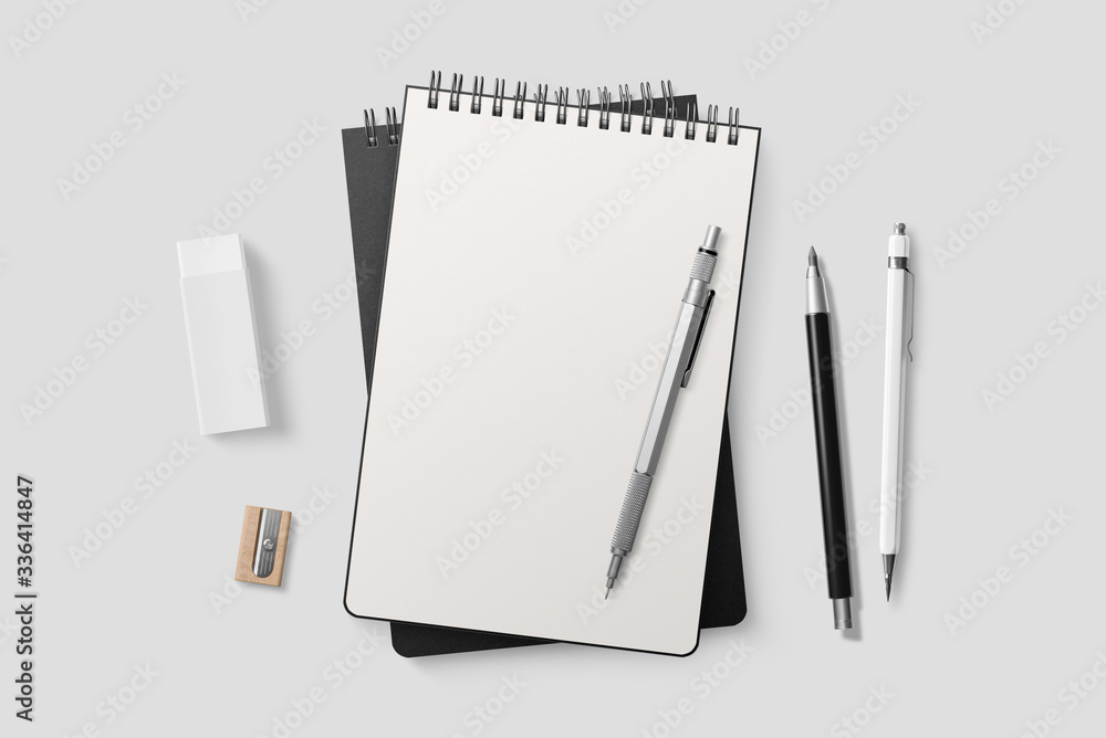 Real photo, spiral bound notepad mockup template with black paper cover ...