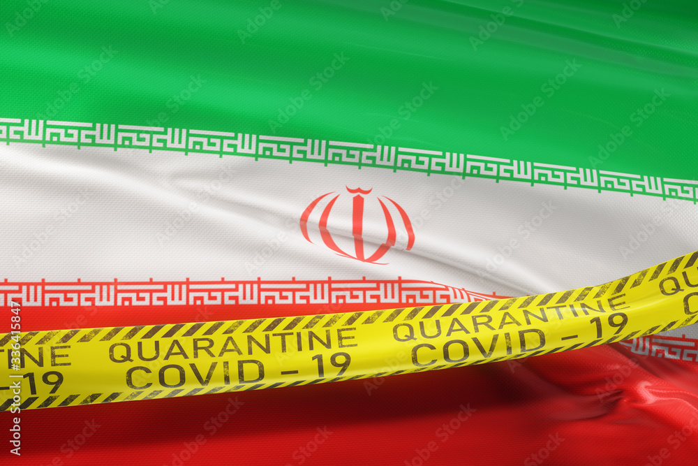 Flag of Iran waving on wind. Restrictive tape coronavirus Covid-19 ... Flag of Iran waving on wind. Restrictive tape coronavirus Covid-19 ...