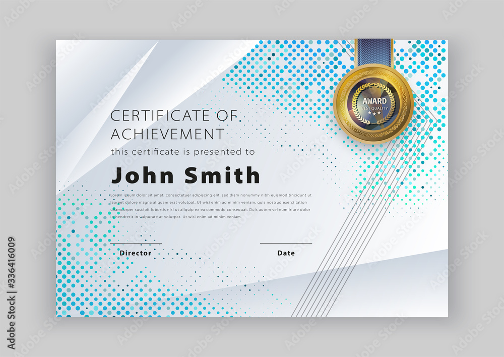Official white certificate with blue green half tone and trianlges ...