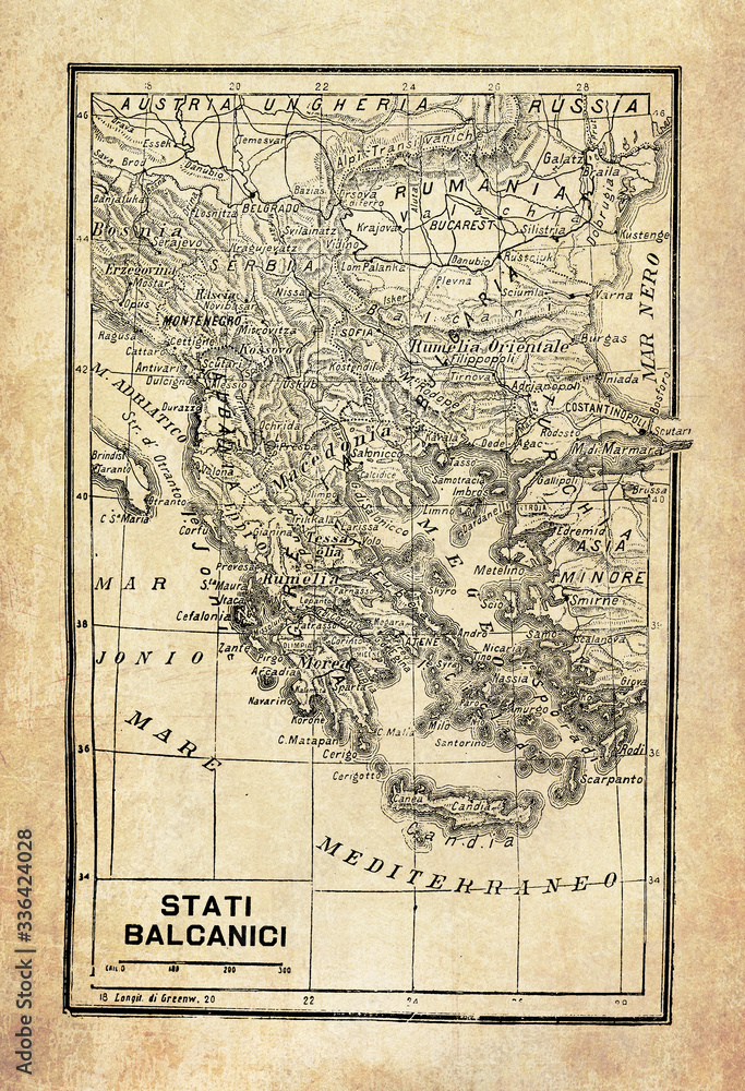 Ancient map of Balkan Peninsula in Southeast Europe and the seas and ...