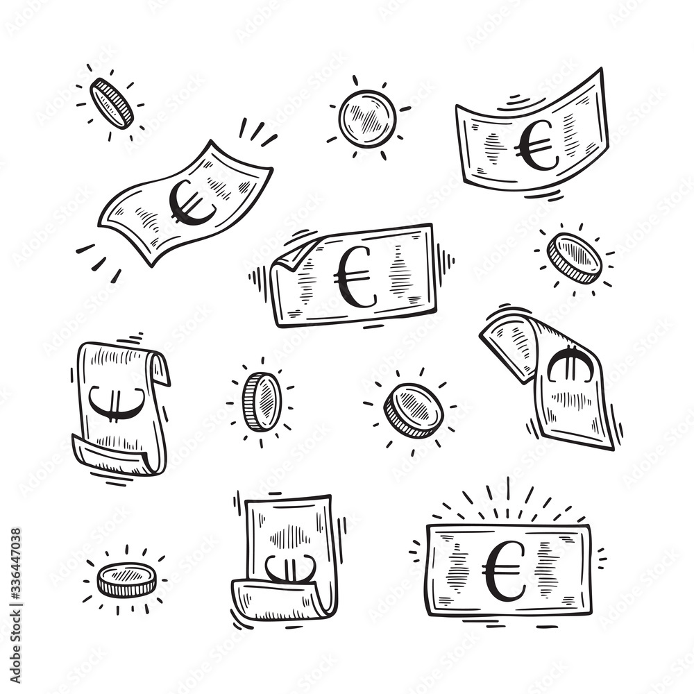 Vector Set of Money. Hand Drawn doodle Euro Banknotes and Coins Stock ...