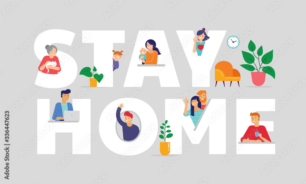 Stay at home, concept design. Different types of people look out and ...