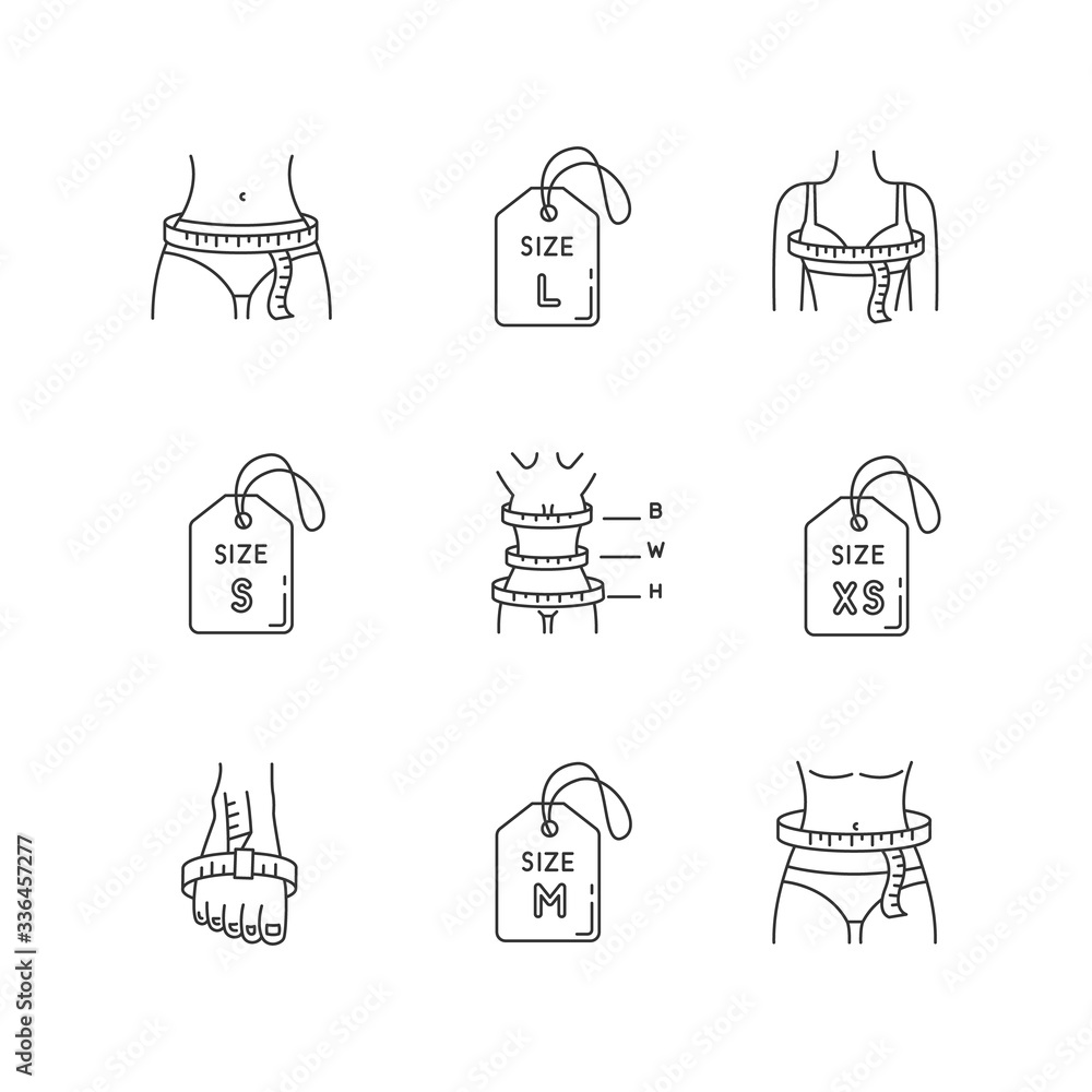 Female clothing sizes pixel perfect linear icons set. Various women ...