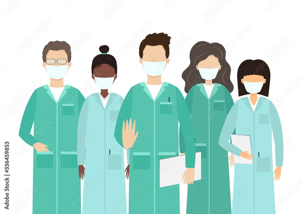 Vector cartoon flat illustration of doctors characters in medical face ...