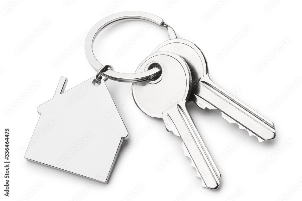 Blank house shaped keychain with two keys, isolated on white background ...