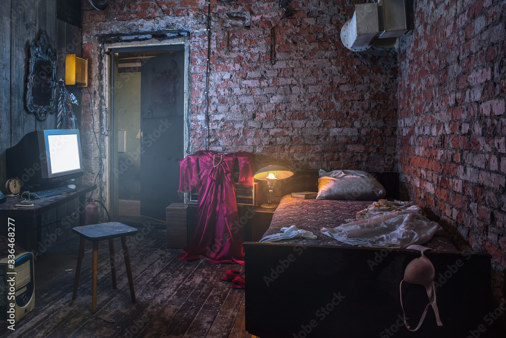 old interior of maniac room, with tv and small smoke inside Stock Photo ...