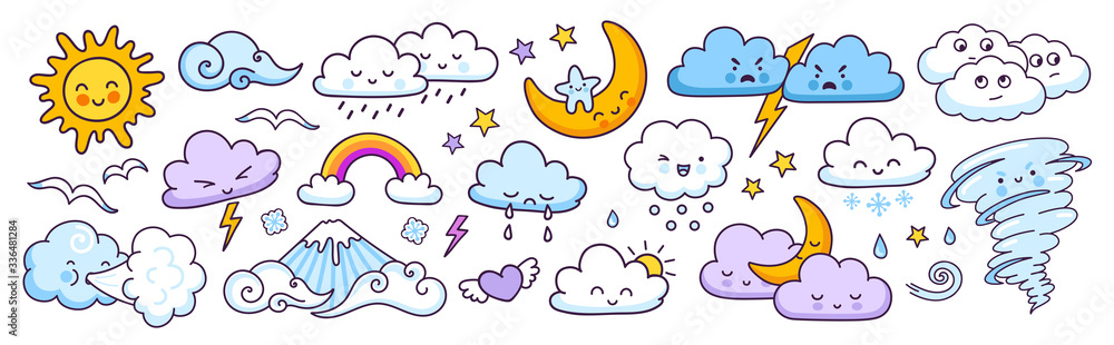 Set of cute weather forecast characters with funny faces. Clouds, sun ...