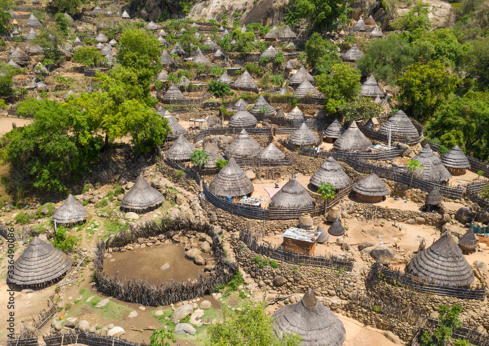 Aerial view of a traditional Lotuko tribe village in the mountain ...