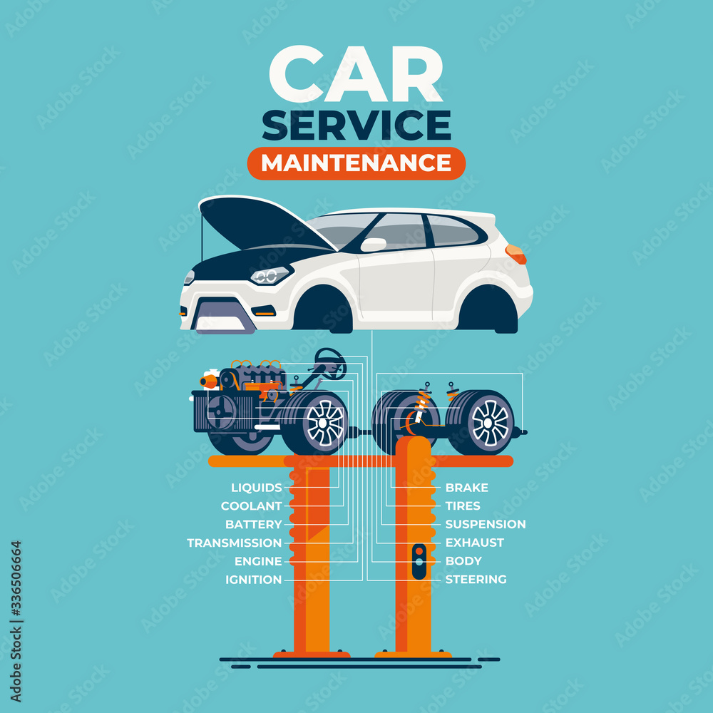 The car on the lift in the car service is divided into two - body part ...