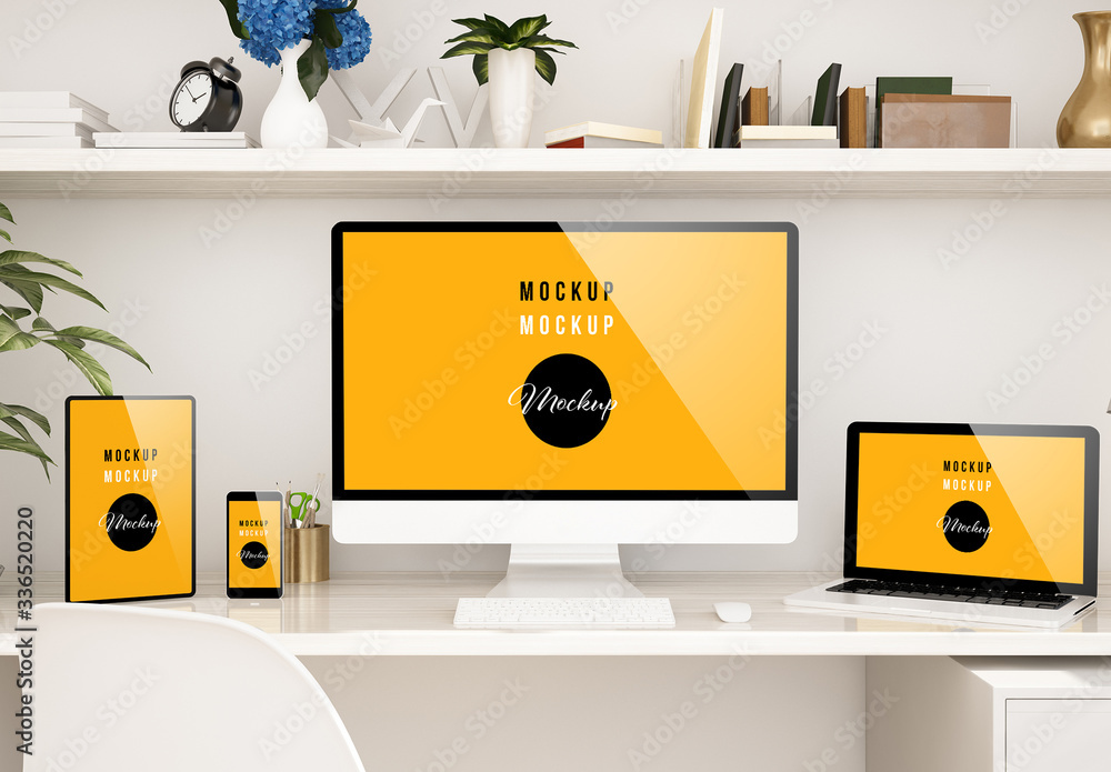 Work from Home Desk White with Different Devices Mockup Stock Template ...