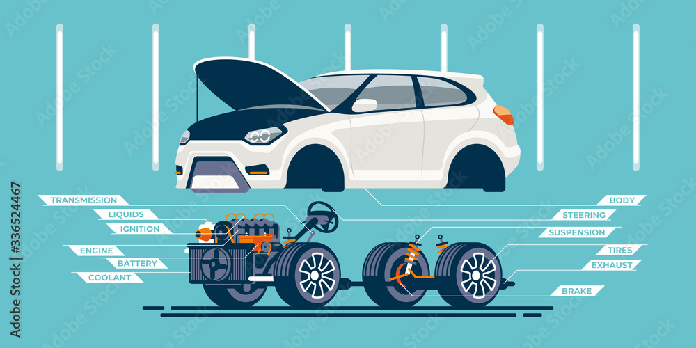 The car on the lift in the car service is divided into two - body part ...