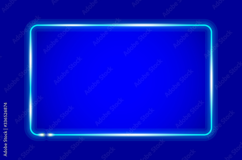 Glowing rounded rectangular neon frame, blue background. Realistic ...