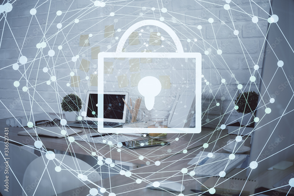 Multi exposure of lock drawing and office interior background. Concept ...