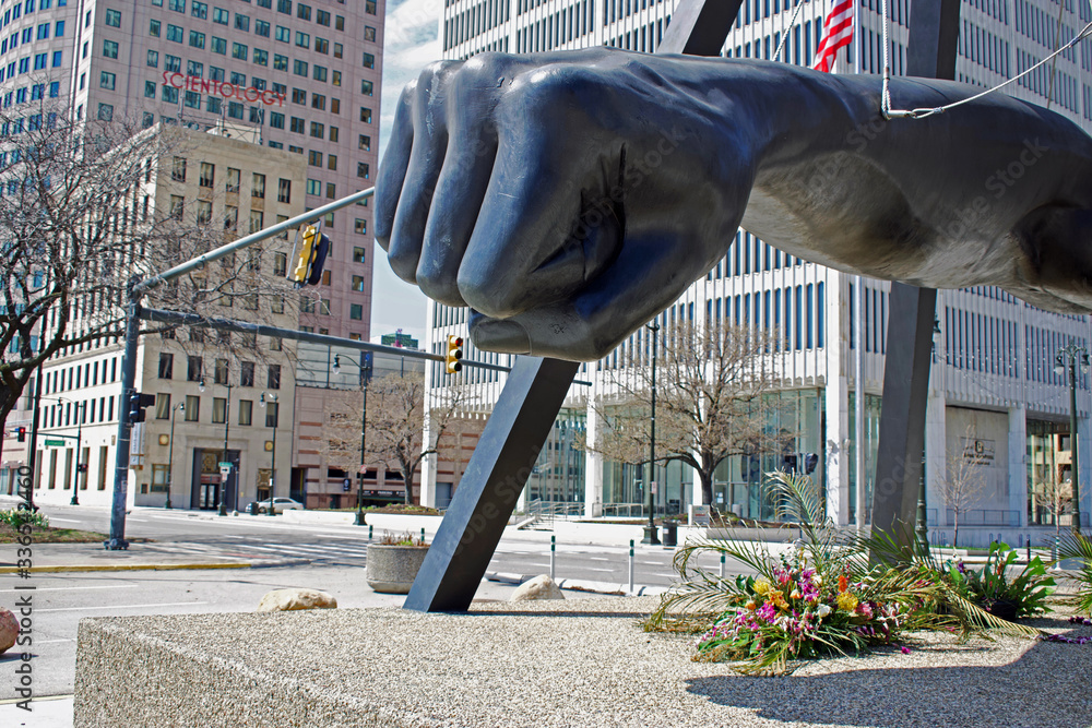 Detroit, Michigan, USA- April 5, 2020, Joe Louis the famous boxer fist ...