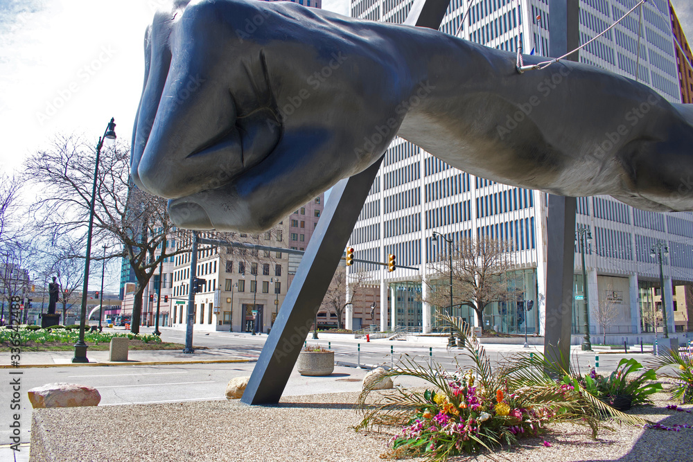 Detroit, Michigan, USA- April 5, 2020, Joe Louis the famous boxer fist ...