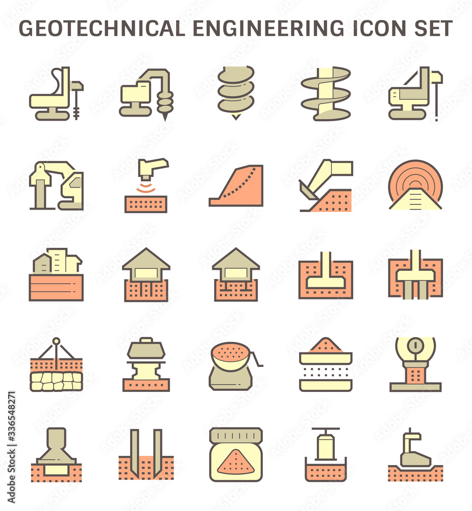 Geotechnical engineering, geotechnics and geology vector icon with ...