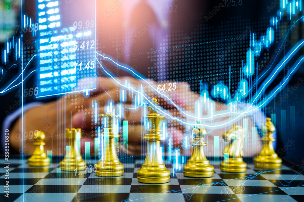 Chess game on chess board on stock market or forex trading graph chart ...