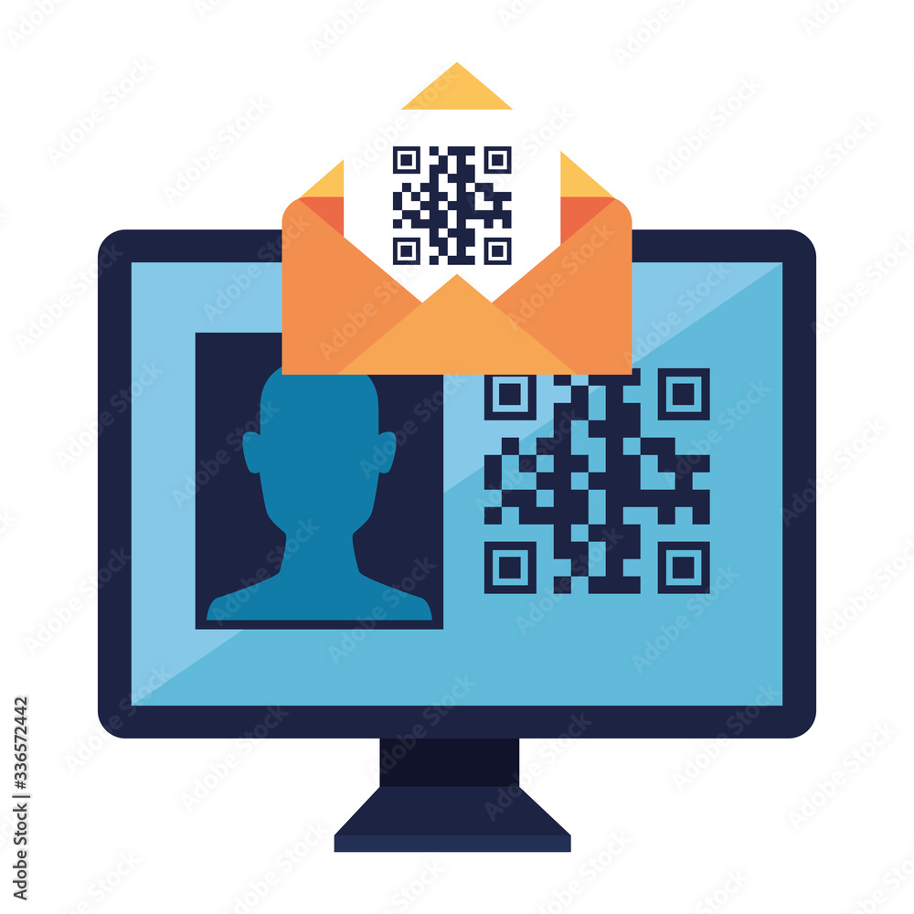 qr code inside envelope and computer design of technology scan ...