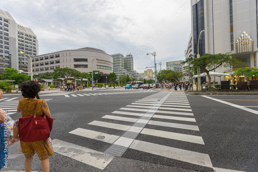 Street view of intersection at Kokusai Shopping Street in Naha, Okinawa ...
