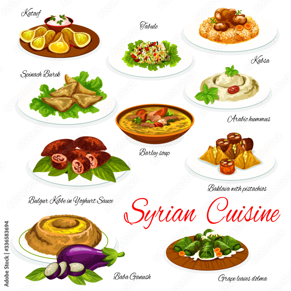Syrian cuisine vegetable and meat dishes with desserts, vector food ...