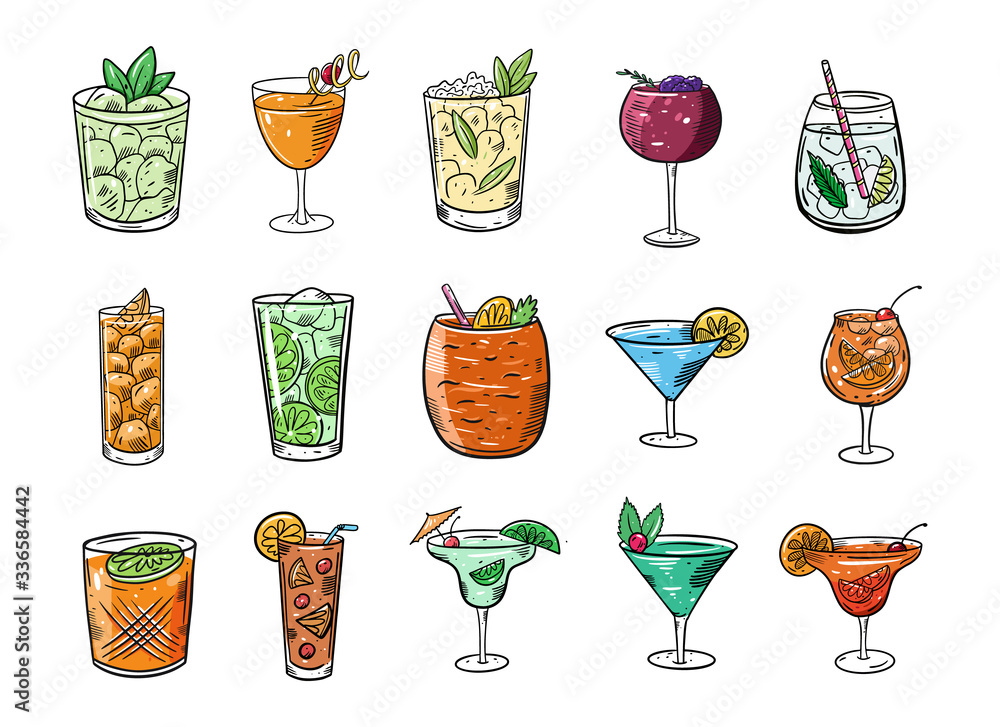 Alcohol cocktails big set. Cartoon flat colorful vector illustration ...