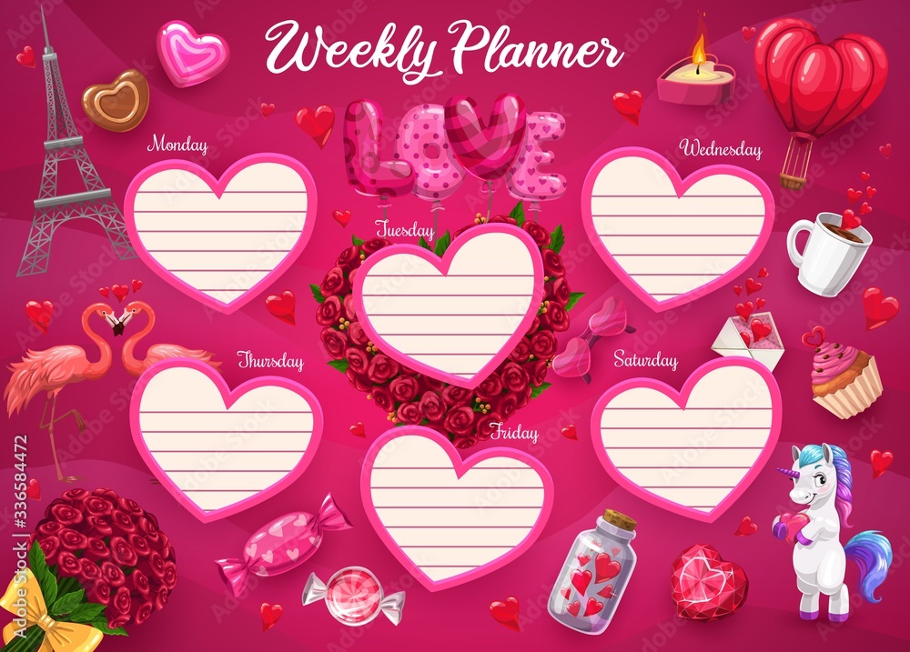 Weekly planner with heart frames, girl daily schedule organizer, vector ...