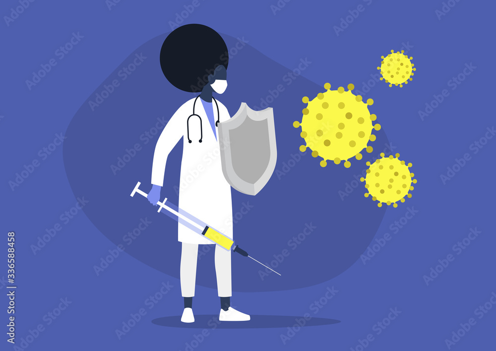 Young black female doctor fighting the virus with a sword and shield ...