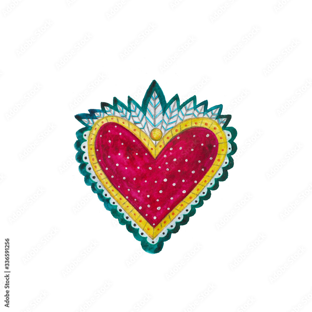Watercolor art of heart in vintage style , traditional Mexican hearts ...