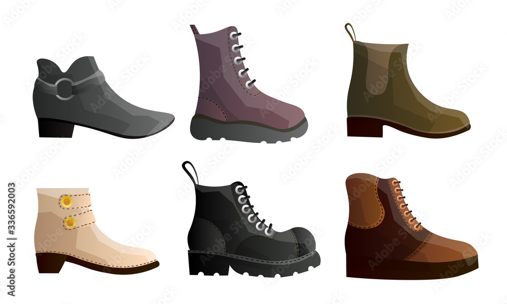 Set of modern types of stylish winter shoes in different shapes. Vector ...