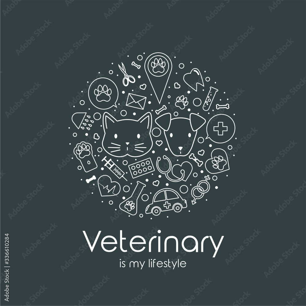 Vector thin line icon concept with dog and cat surrounded by veterinary ...
