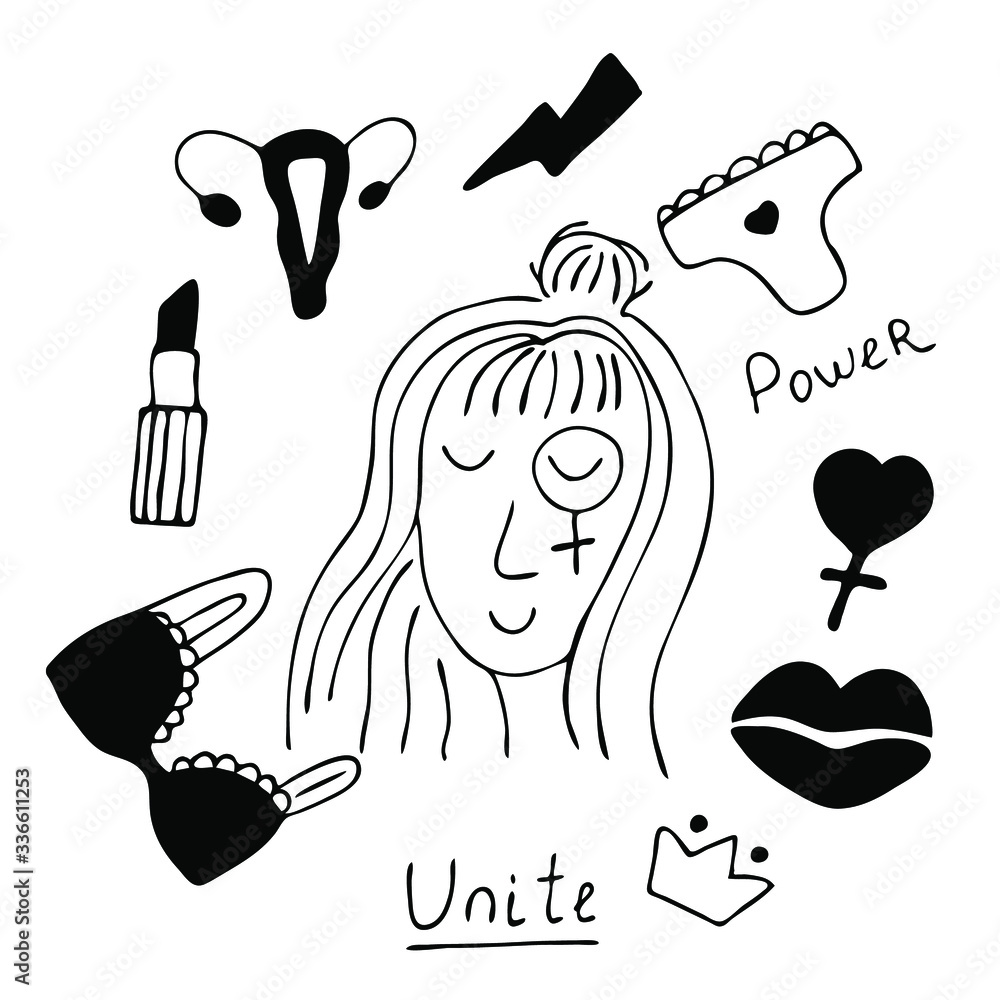 Hand drawn set of feminism. Doodle. Woman face with elements for poster ...