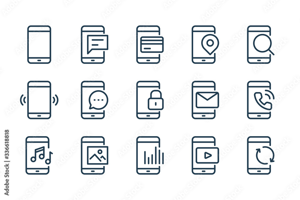 Mobile Phone Functions and Settings line icons. Smartphone technology ...