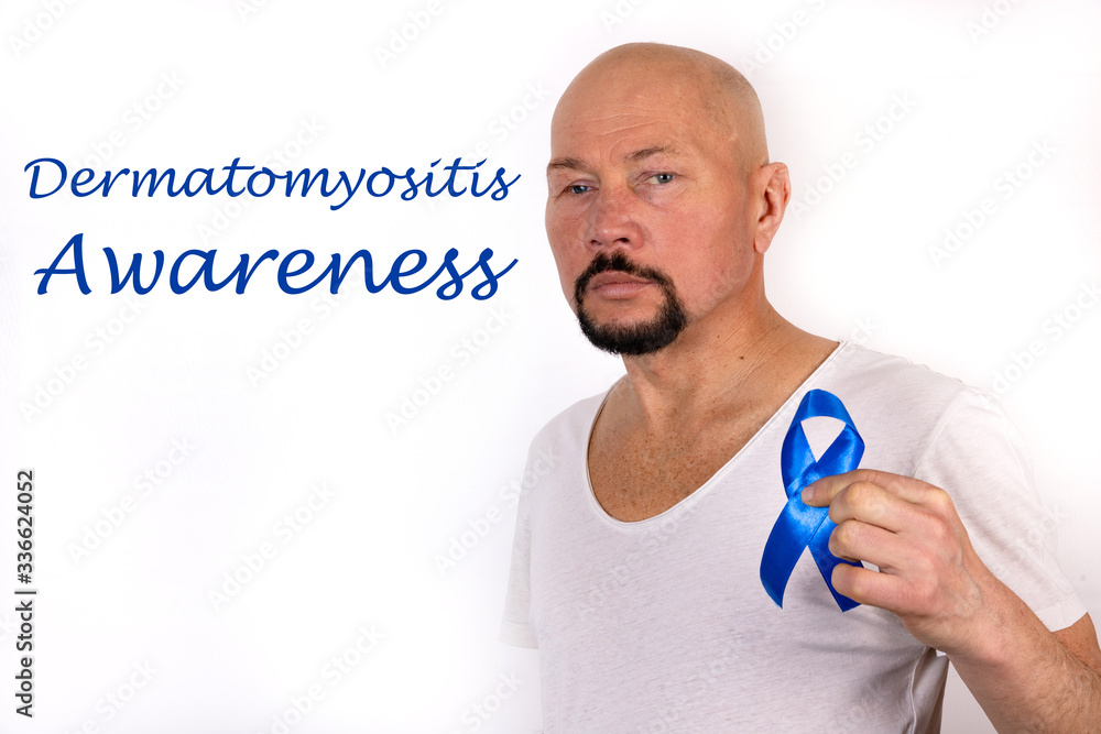 Dermatomyositis Awareness written on a white background. A man with a ...