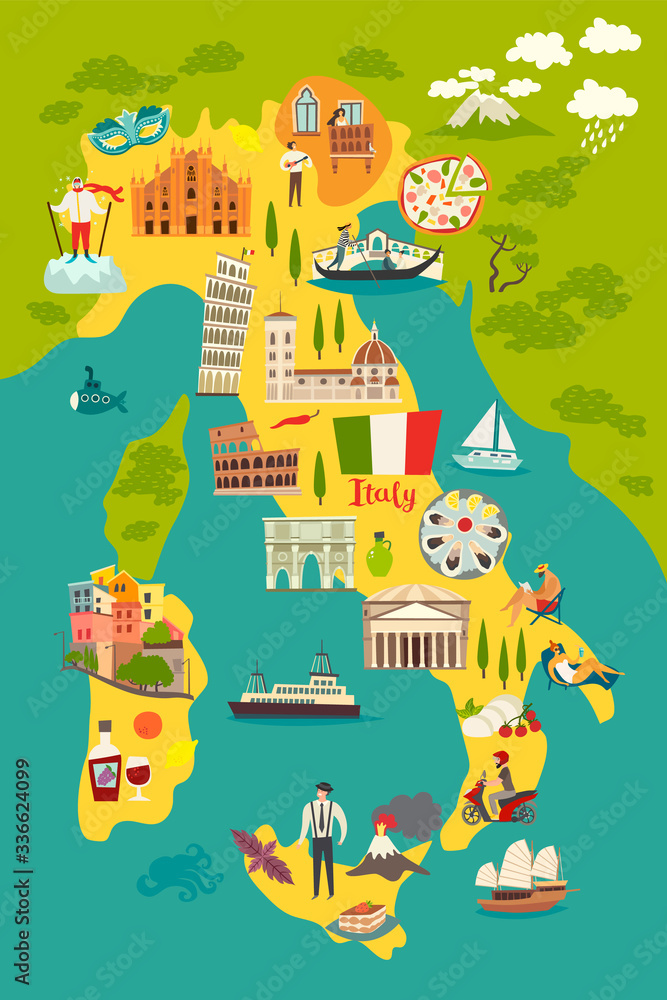 Italy map vector. Illustrated colored map of Italy. Cartoon abstract ...