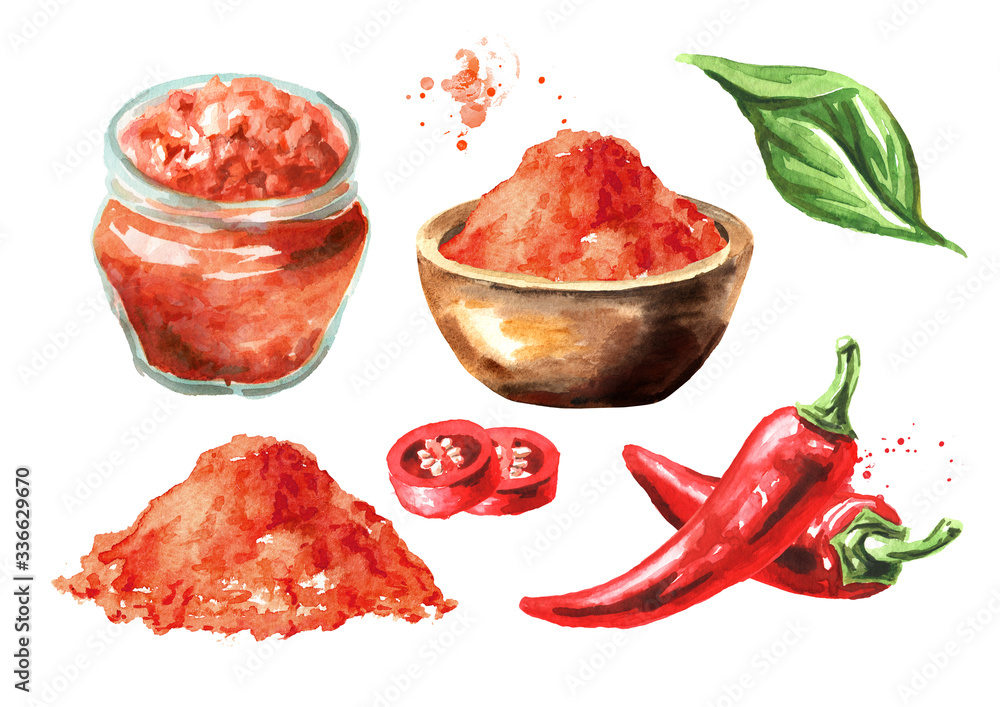 Red hot chili pepper set with powder, sauce and pods with green leaf ...